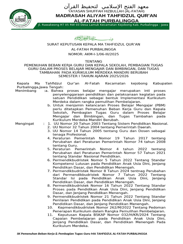 SK Pembagian Tugas Guru - Kurmer | PDF