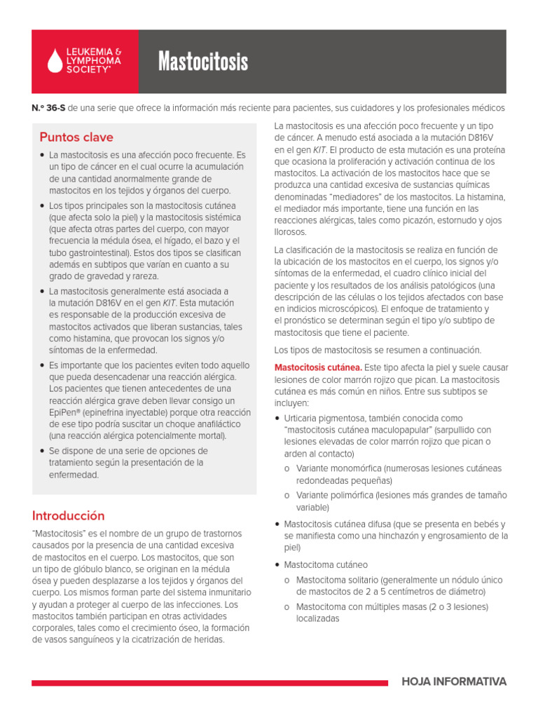 FS36S Mastocytosis Fact Sheet Spanish Rev0623 | PDF | Cáncer | Alergia