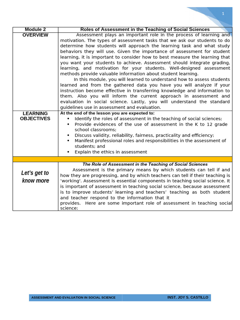 Roles of Assessment in Social Sciences | PDF | Educational Assessment ...