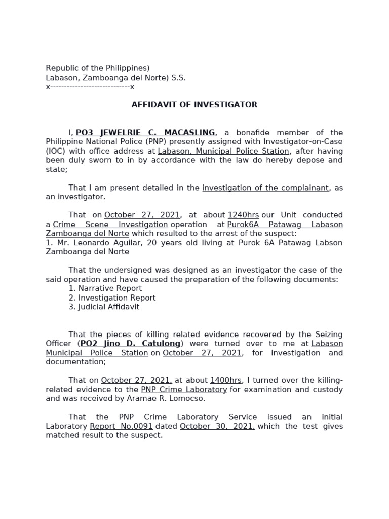 Investigator's Affidavit on Case | PDF | Affidavit | Evidence