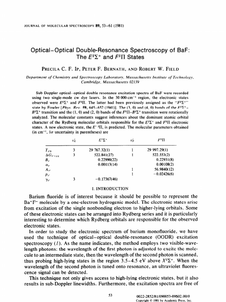 Precila C.F. Ip Et Al - Optical-Optical Double-Resonance Spectroscopy of BaF: The E 2-Sigma ...