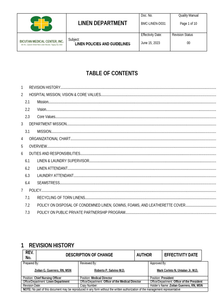 Bmc-Policy Linen Department | PDF | Linens