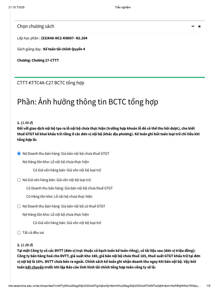 Trắc nghiệm c27 | PDF