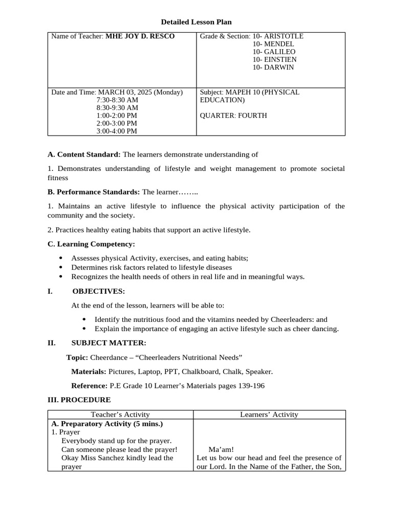 Cheerleaders' Nutritional Needs Lesson Plan | PDF | Foods | Vitamin