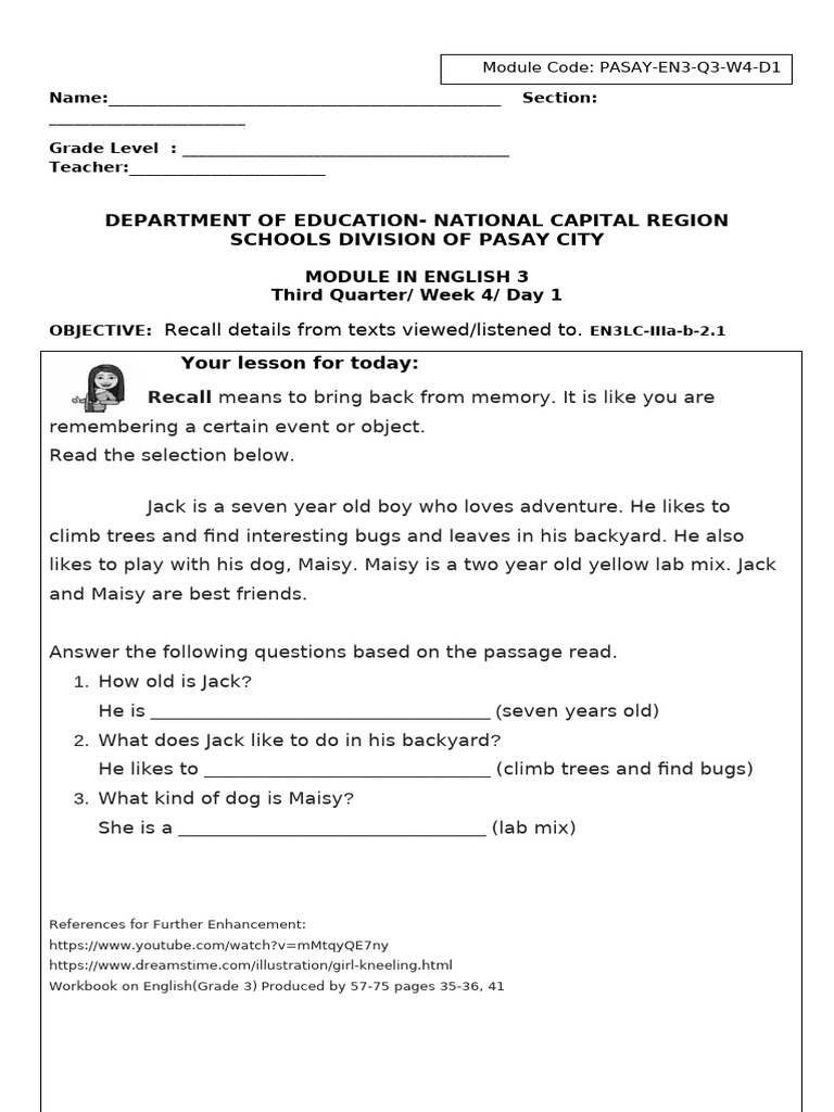 English 3 Module: Story Recall Exercises | PDF