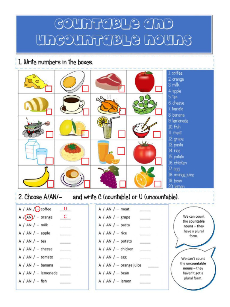 Countable and Uncountable Worksheet 2 | PDF