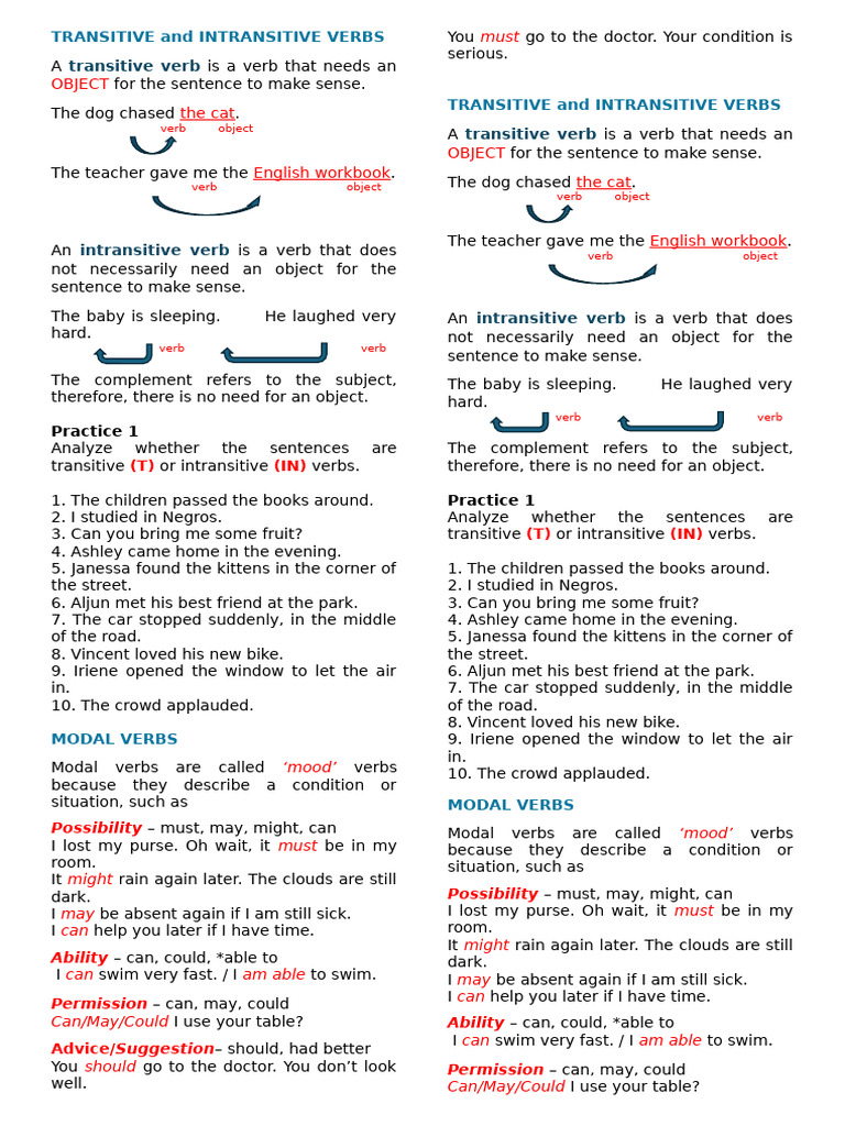 Transitive Intransitive, Modals and Linking Verbs | PDF | Verb | Object ...