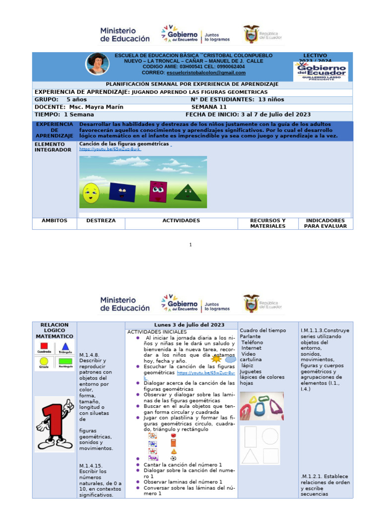 Planificación Semanal: Figuras Geométricas | PDF | Lápiz | Aprendizaje