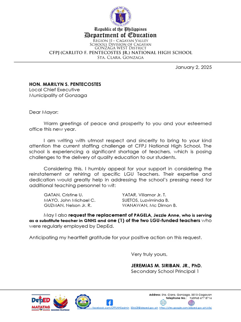 Request Letter For LGU Teachers Reinstatement 2025 | PDF