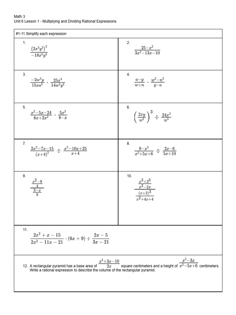 Unit 6 Lesson 1 - Multiplying and Dividing Rational Expressions | PDF