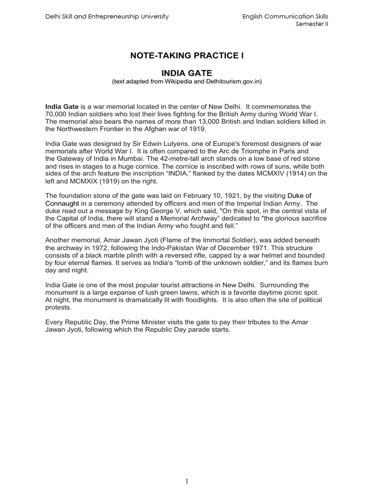 Note-Taking Practice 1 - India Gate | PDF