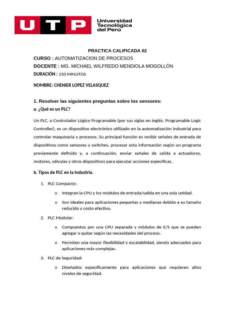 Practica Calificada 02 - Chenier Lopez | PDF | Controlador lógico programable | Yo Pv6