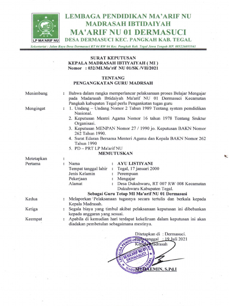 Sk.pengangkatan Guru Ayu Listiyani Mi Dermasuci | PDF