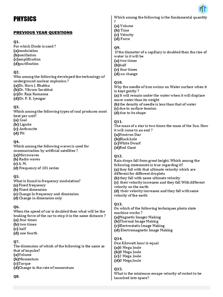 Physics MCQs - SSC Railway | PDF | Force | Atmosphere Of Earth