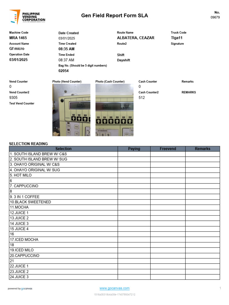 20250303-082114-03 01 2025 Gen Field Report Form SLA | PDF | Coffee | Drink