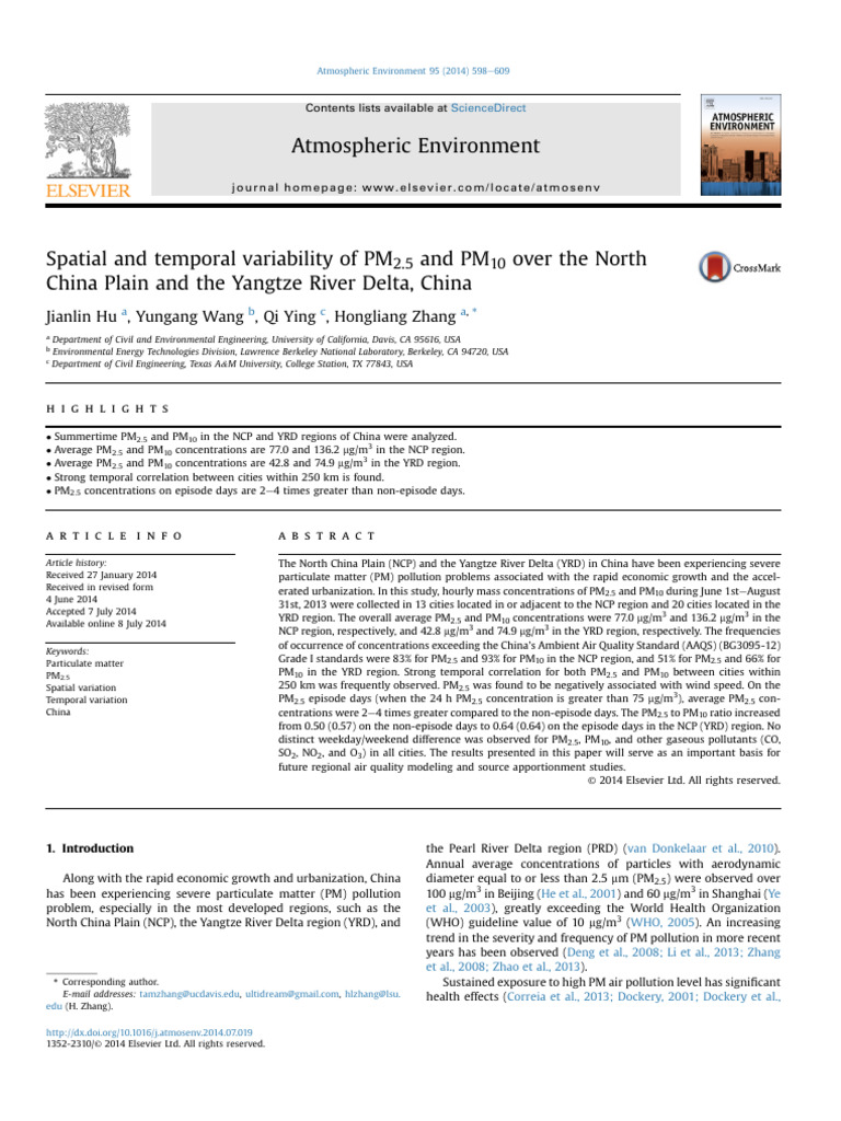 Spatial and Temporal Variability Pf PM2.5 AndPM10 Over the North China Plain and the Yangtze ...