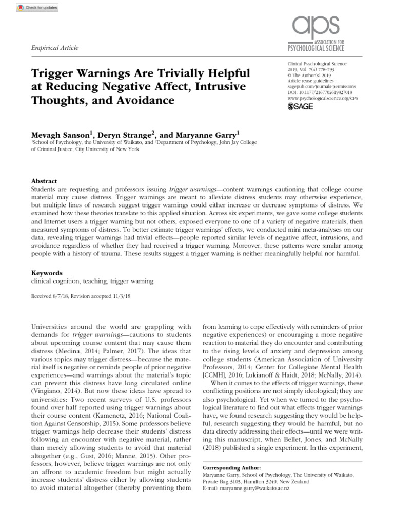 Trigger Warning PSYCH article (8) | PDF | Psychological Trauma | Meta ...