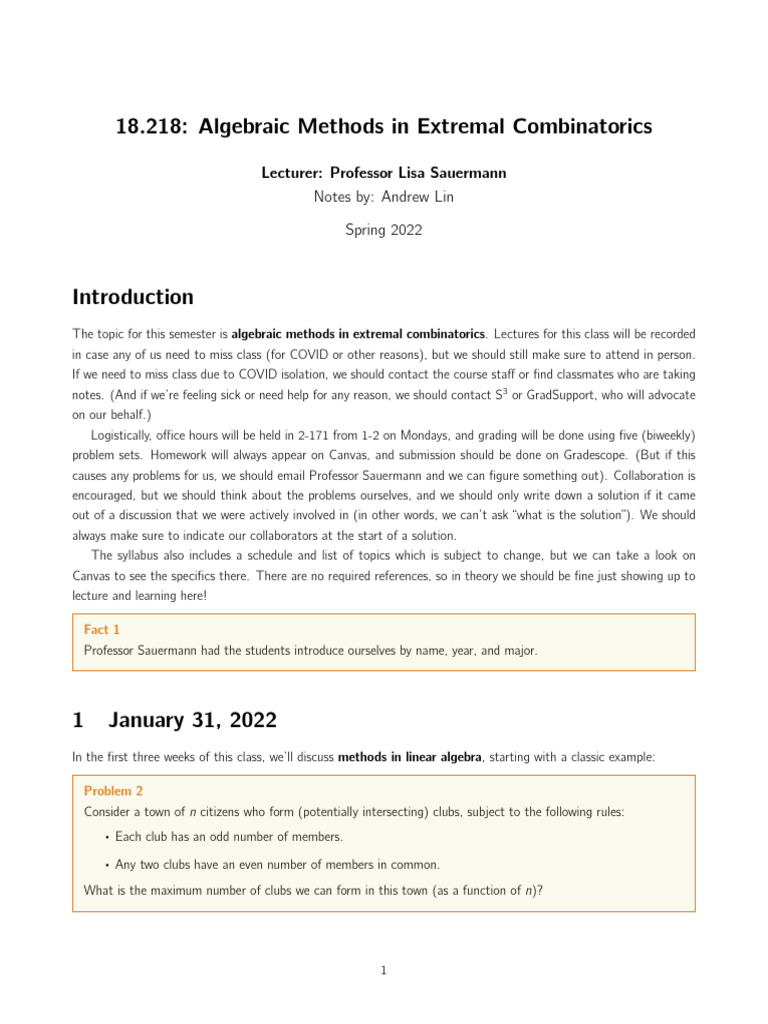 18.218: Algebraic Methods in Extremal Combinatorics: Lecturer: Professor Lisa Sauermann | PDF ...