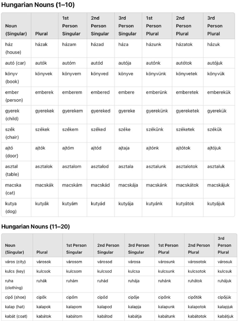 100 Hungarian Noun Declensions (With Plural and Person Variations) | PDF