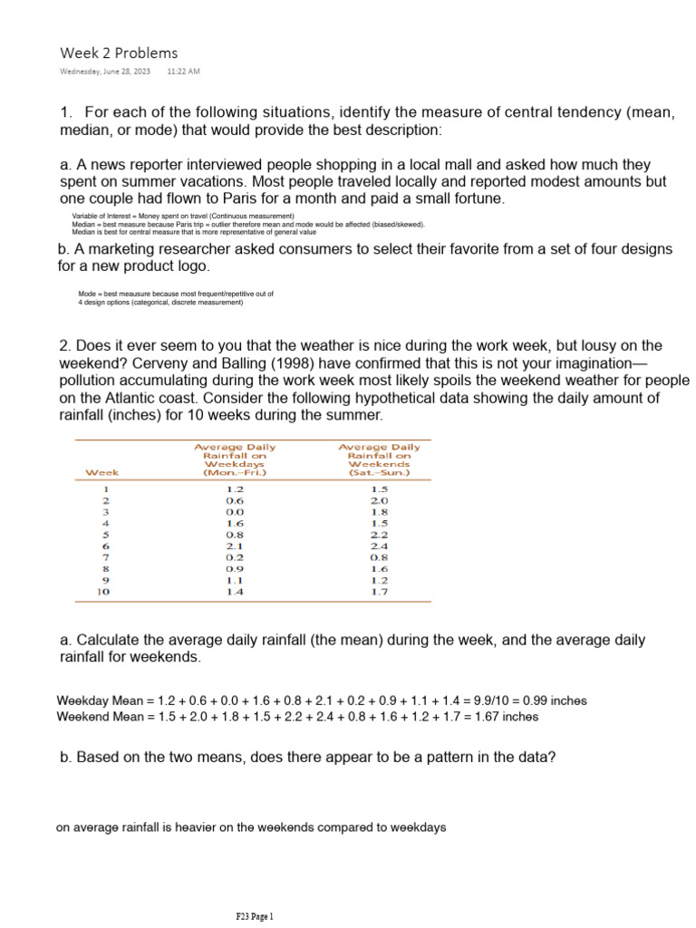 Intro Stats - Week 2 Problems | PDF | Mean | Median