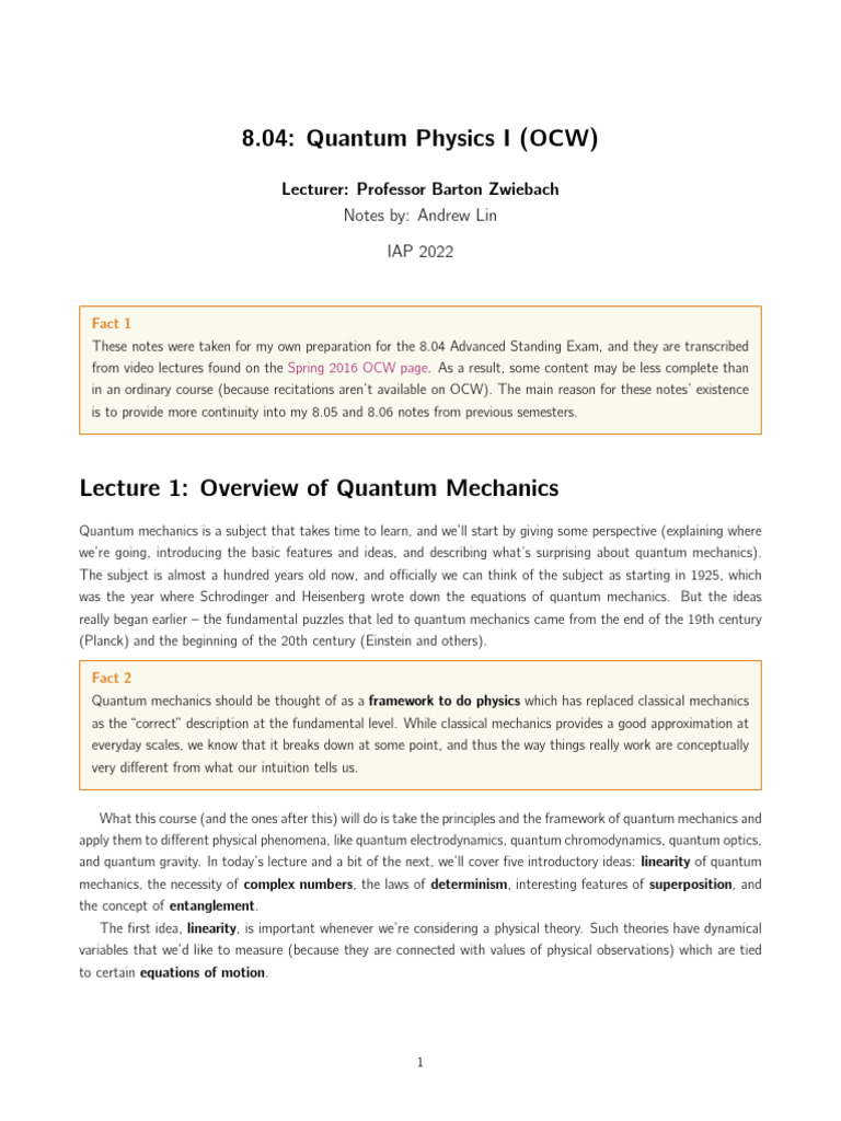 8.04: Quantum Physics I (OCW) : Lecturer: Professor Barton Zwiebach ...