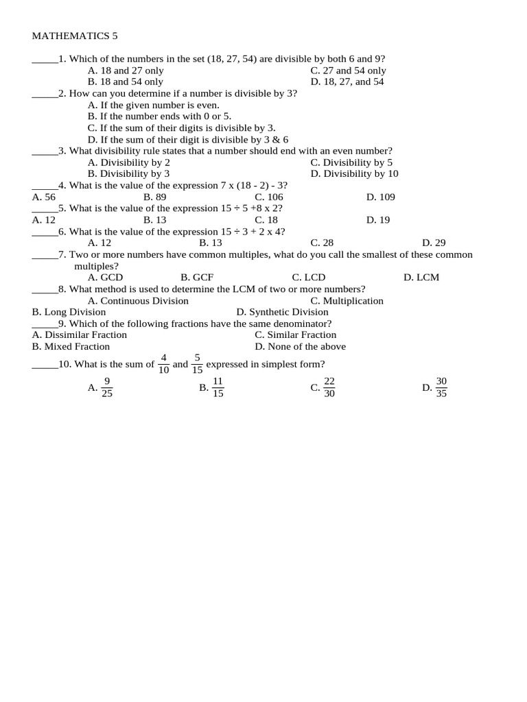 Mathematics 5 Pretest | PDF