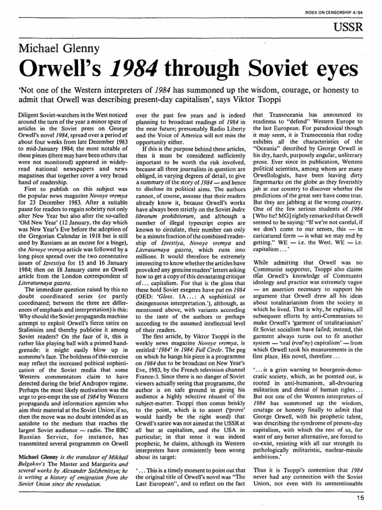 Michael Glenny - Orwell's 1984 Through Soviet Eyes (Article) | PDF | George Orwell