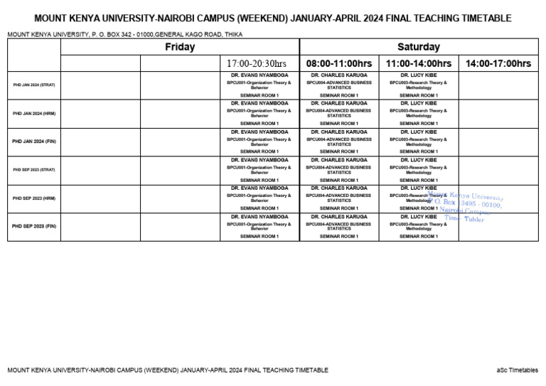 WEEKEND - PHD JANUARY-APRIL 2024 FINAL TEACHING TIMETABLE | PDF