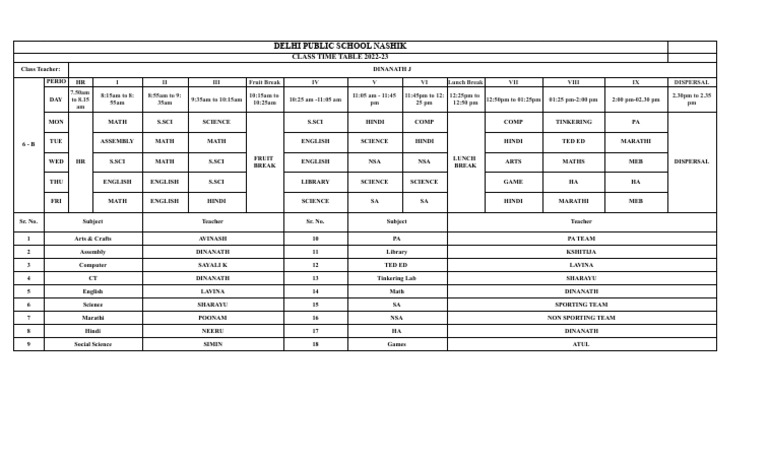Timetable with the effect from 1st June- Grade 6B | PDF