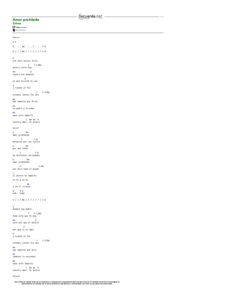 AMOR PROHIBIDO, Selena - Acordes | PDF