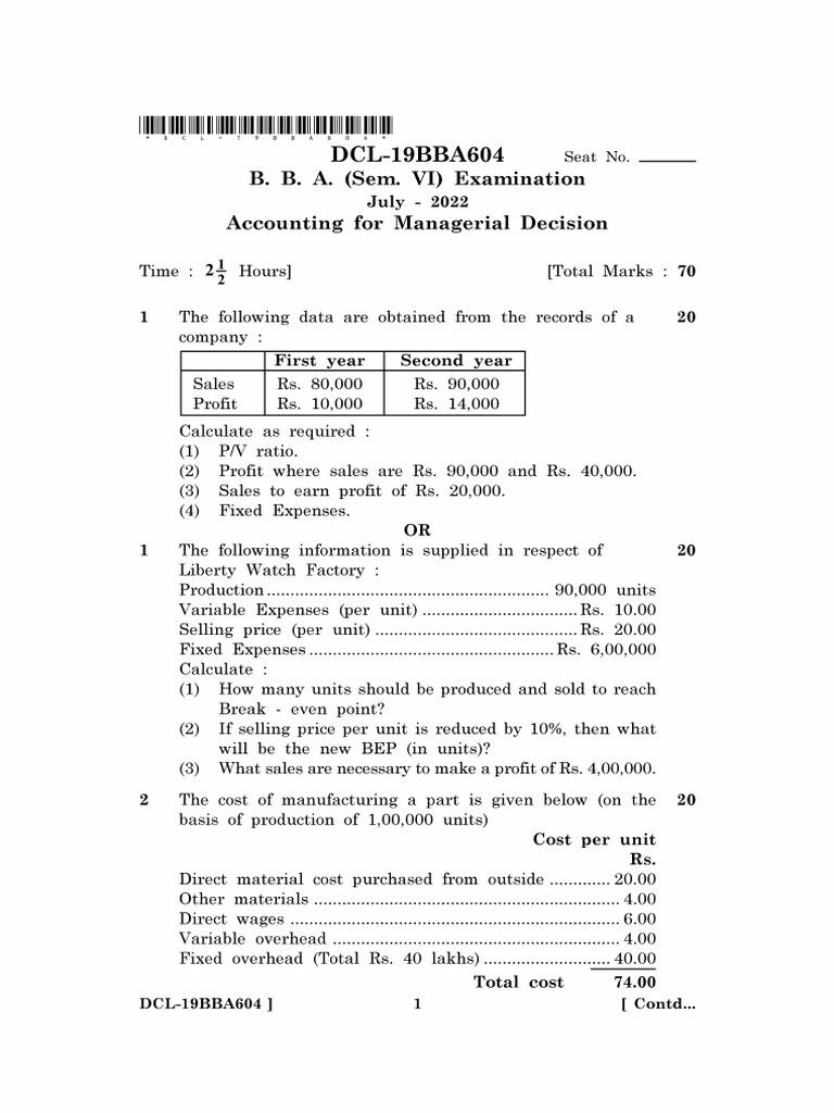 Bba Sem-6 (Remi-2019) July-2022accounting For Managerial Decisions | PDF