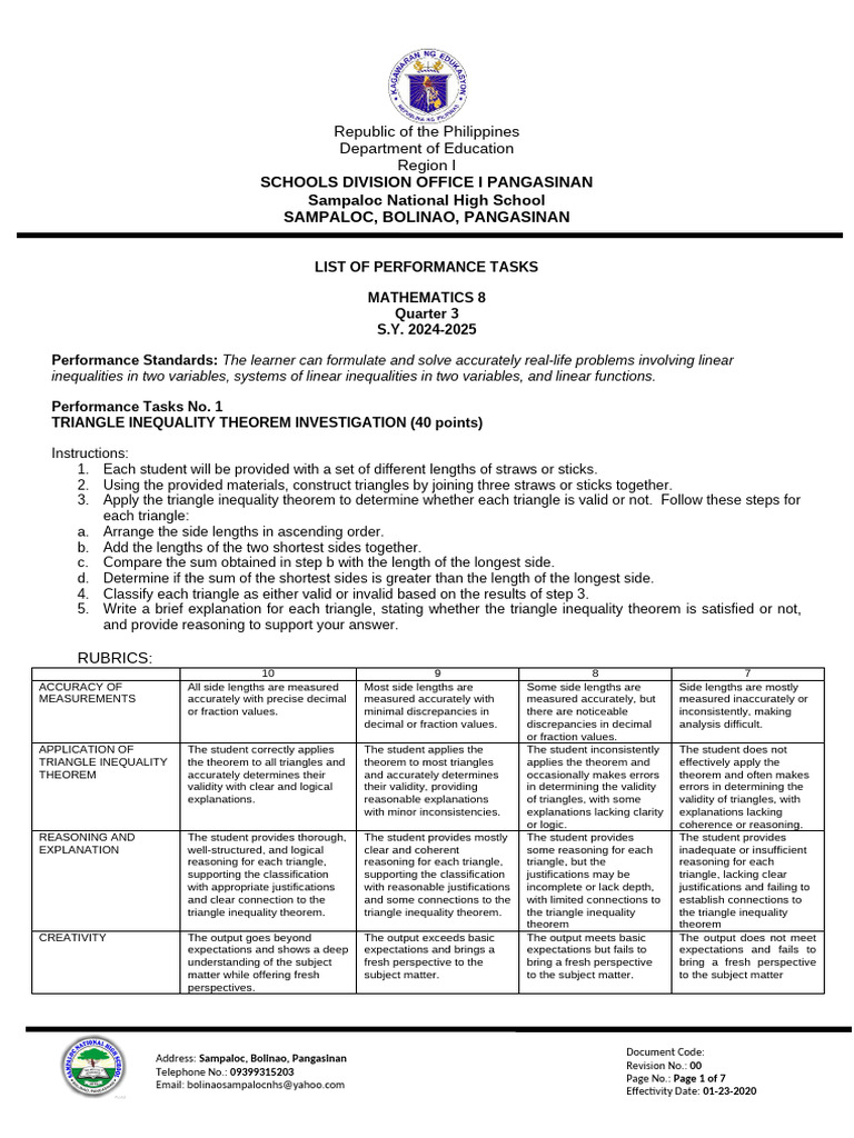 List of Performance Task | PDF | Equations | Cartesian Coordinate System