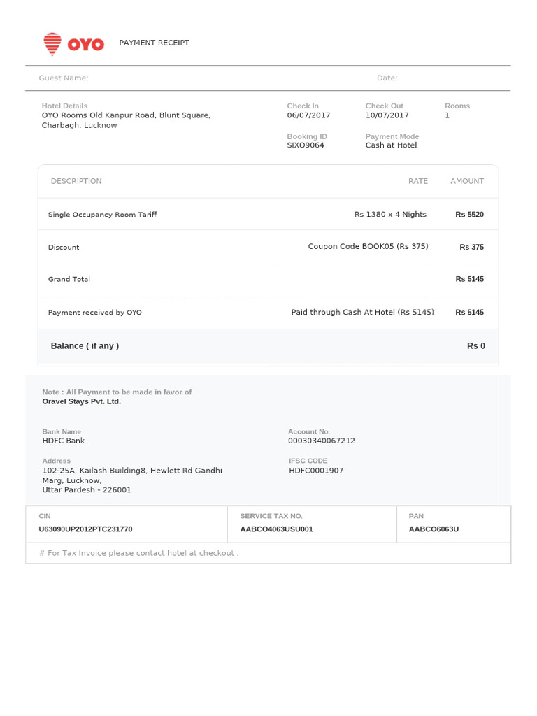 OYO Bill for Neeraj's Stay | PDF