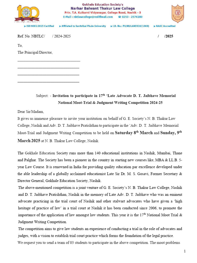 17th Late Advocate D. T. Jaibhave Memorial National Moot-Trial ...