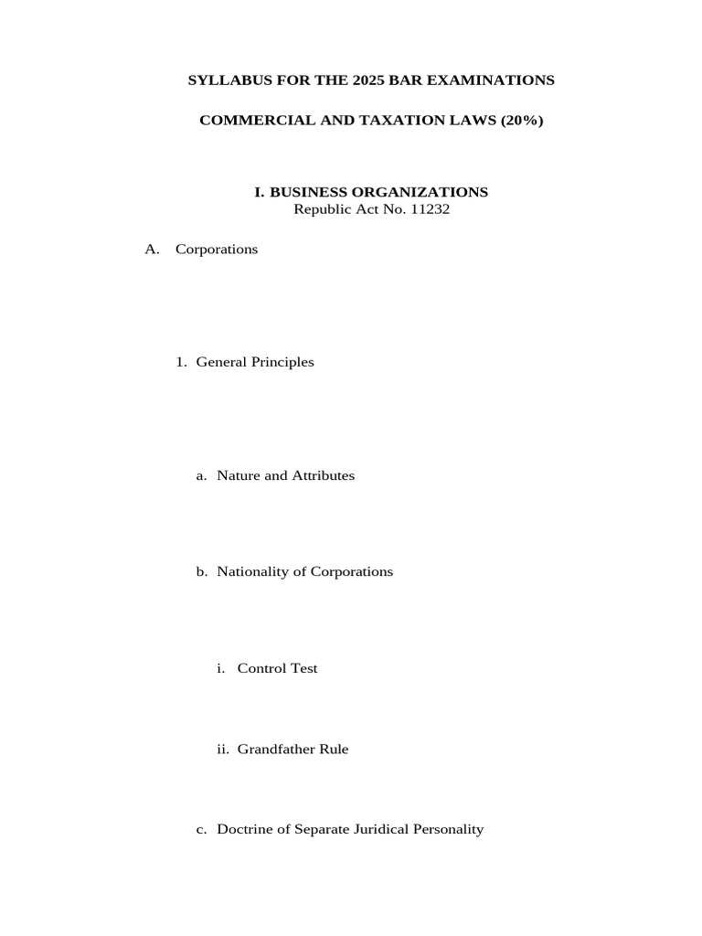 2025 Bar Exam Syllabus: Commercial & Tax Law | PDF | Taxes | Will And ...