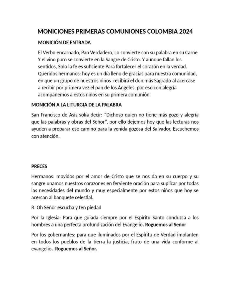 Moniciones para Primeras Comuniones 2024 | PDF | eucaristía | Teología ...