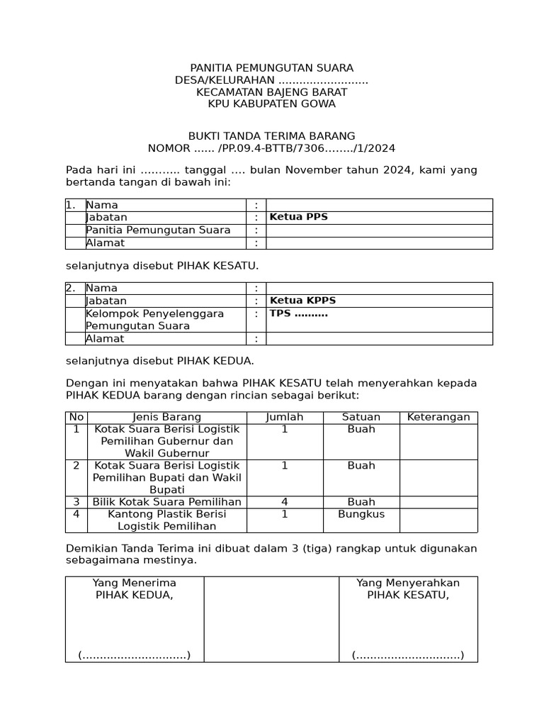 PPS - Ke - KPPS TEMPLATE - BUKTI - TANDA - TERIMA - BARANG - TPS | PDF