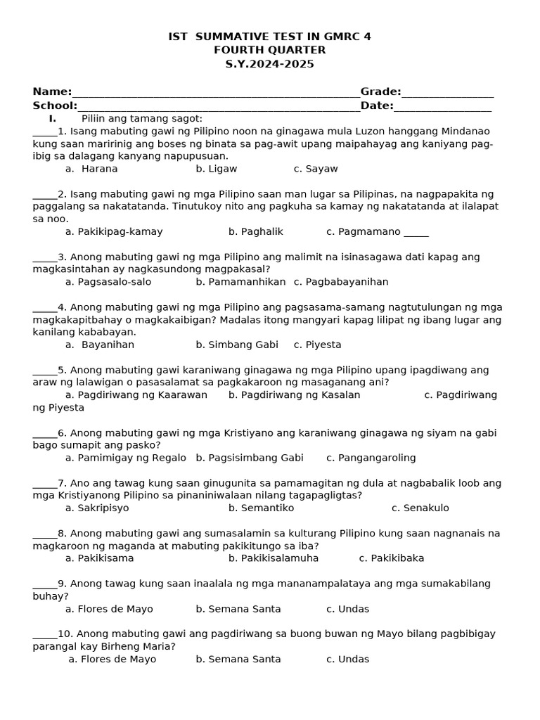 1ST Summative Test in GMRC 4, Q4 | PDF