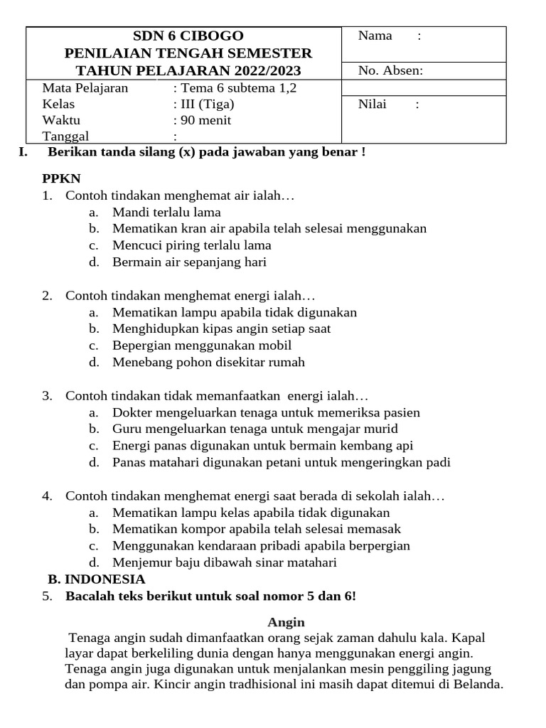 SOAL PTS KELAS 3 (Tema 6 Sub 1 2) - Kamimadrasah | PDF