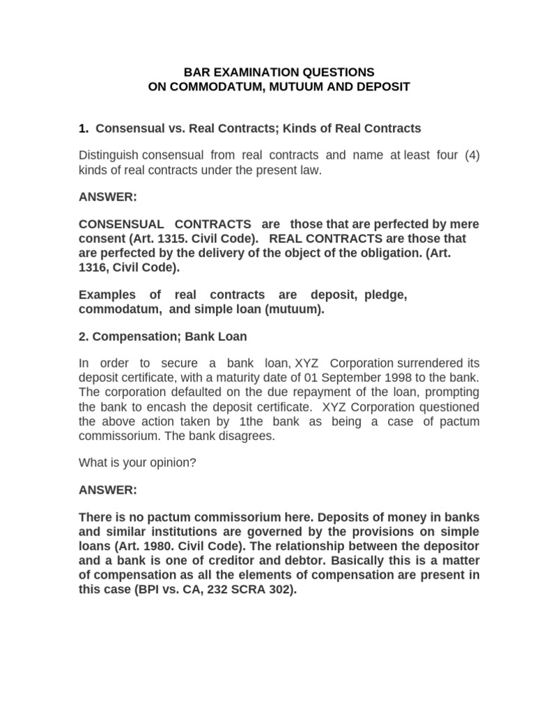 Bar Exam Questions on Commodatum and Mutuum | PDF | Interest | Loans