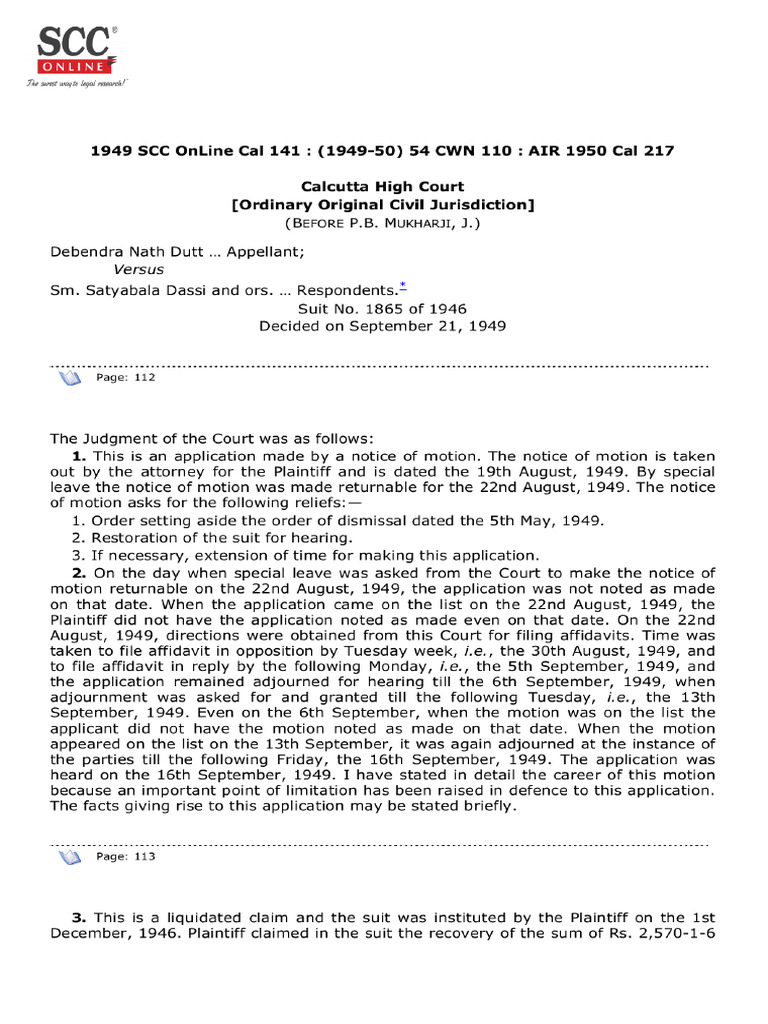 Debendra Nath Dutt v. Satyabala Dassi, 1949 SCC OnLine Cal 141 (Para 15 ...