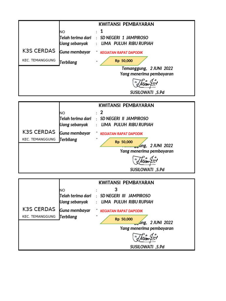 Kwitansi k3s Rapat Dapodik | PDF