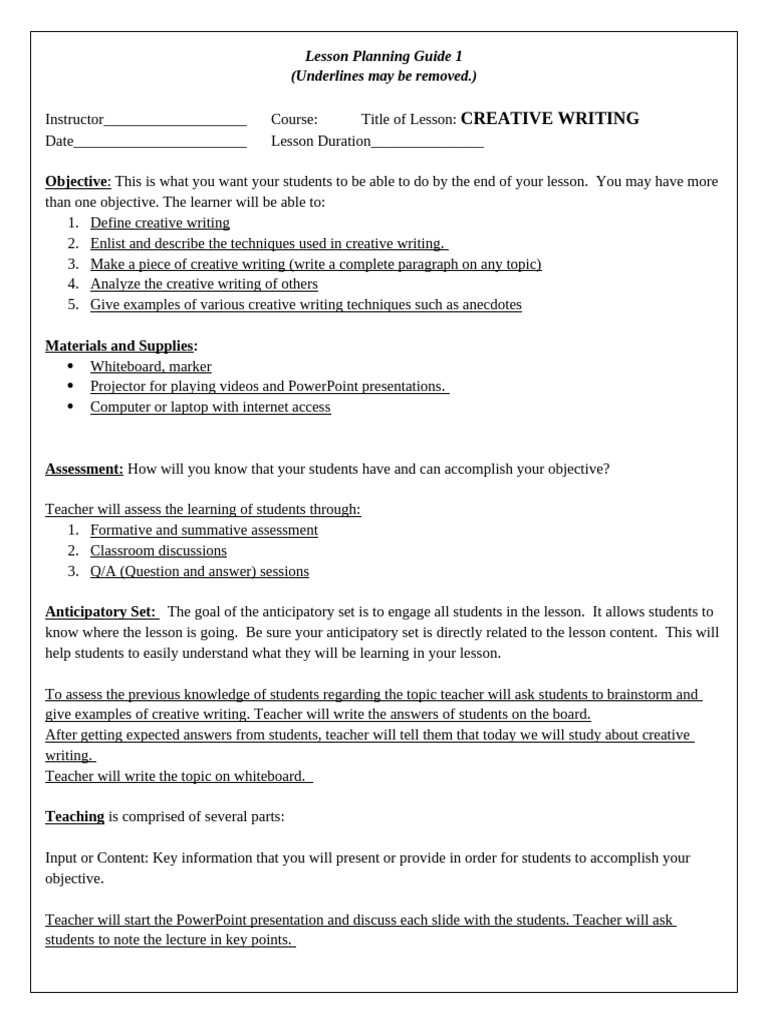Creative Writing Lesson Plan Guide | PDF | Teachers | Learning