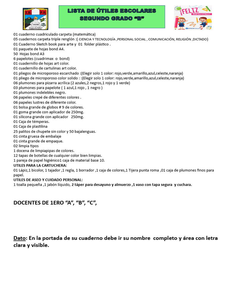 Lista de Utiles Escolares 2025 - 2do Grado A, B y C | PDF