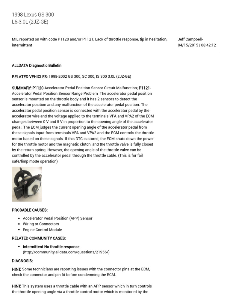 Lexus P1120/P1121 Throttle Issues Guide | PDF | Throttle | Electrical ...