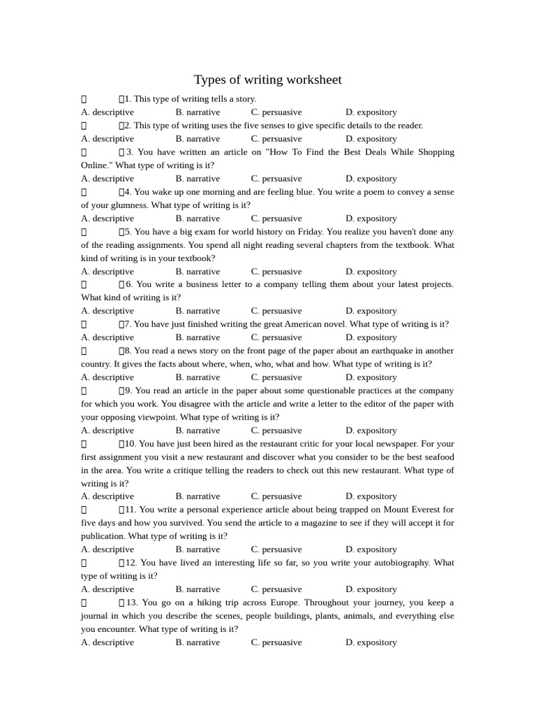 Types of Writing Identification Worksheet | PDF | Writing