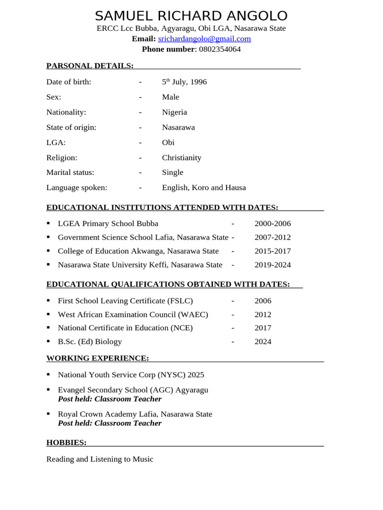 Samuel Richard Angolo CV Summary | PDF