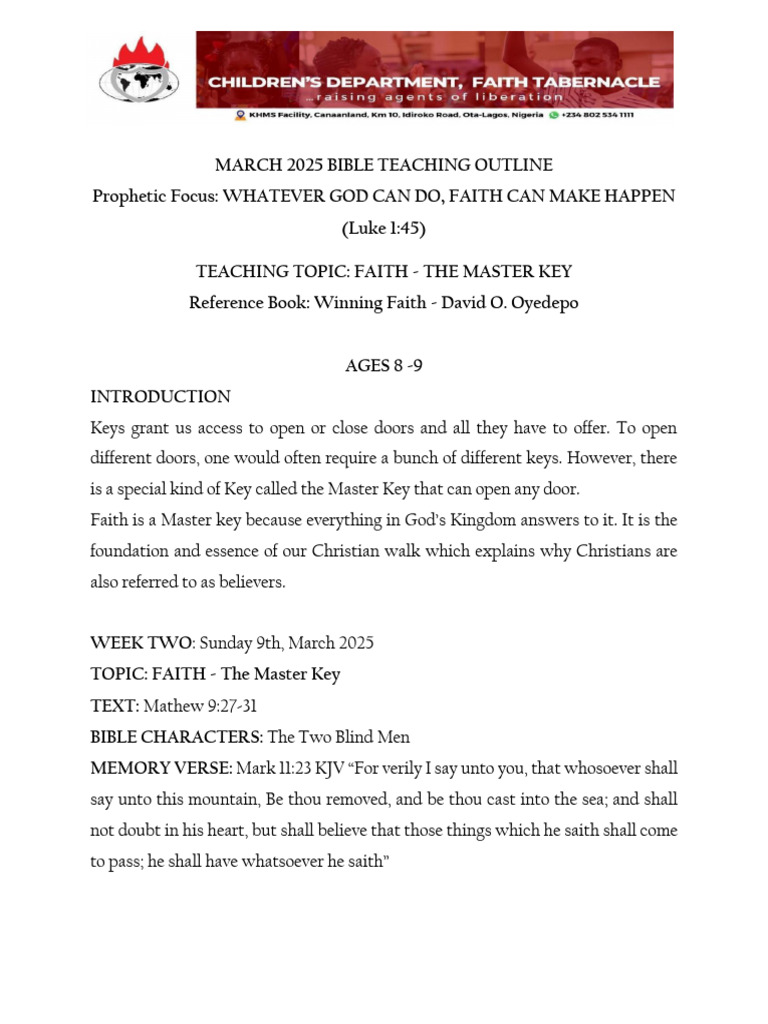 Children Church Bible Teaching Outline For March 2025 Age 8-9 | PDF ...