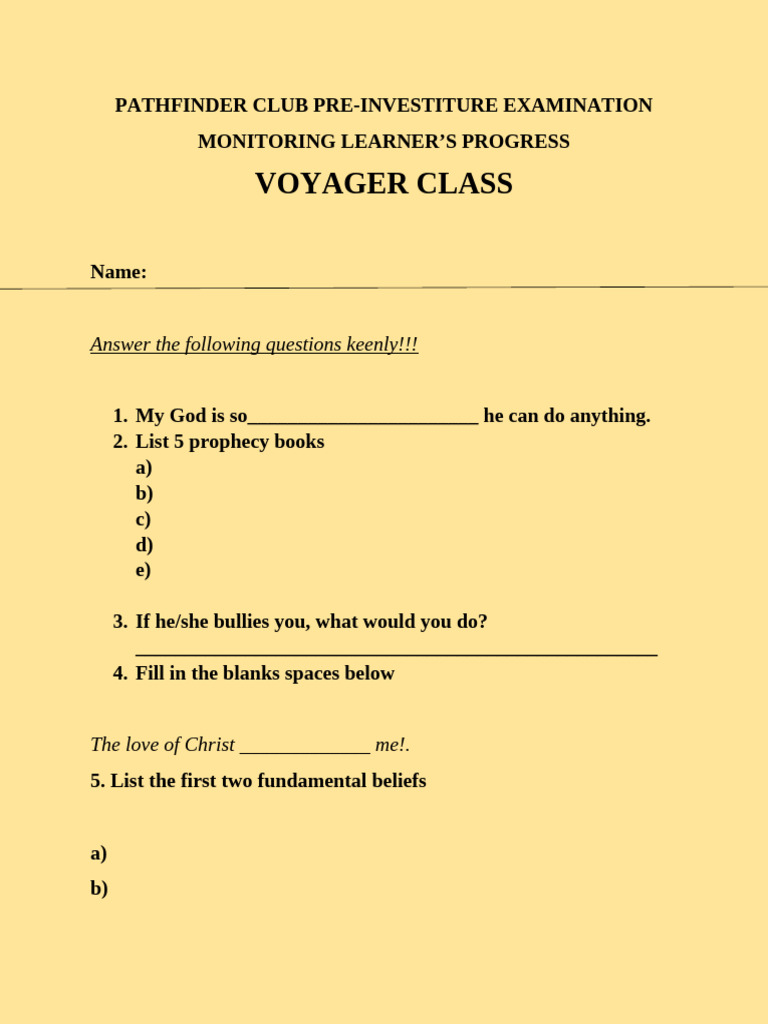 Voyager Class Examination Answers | PDF