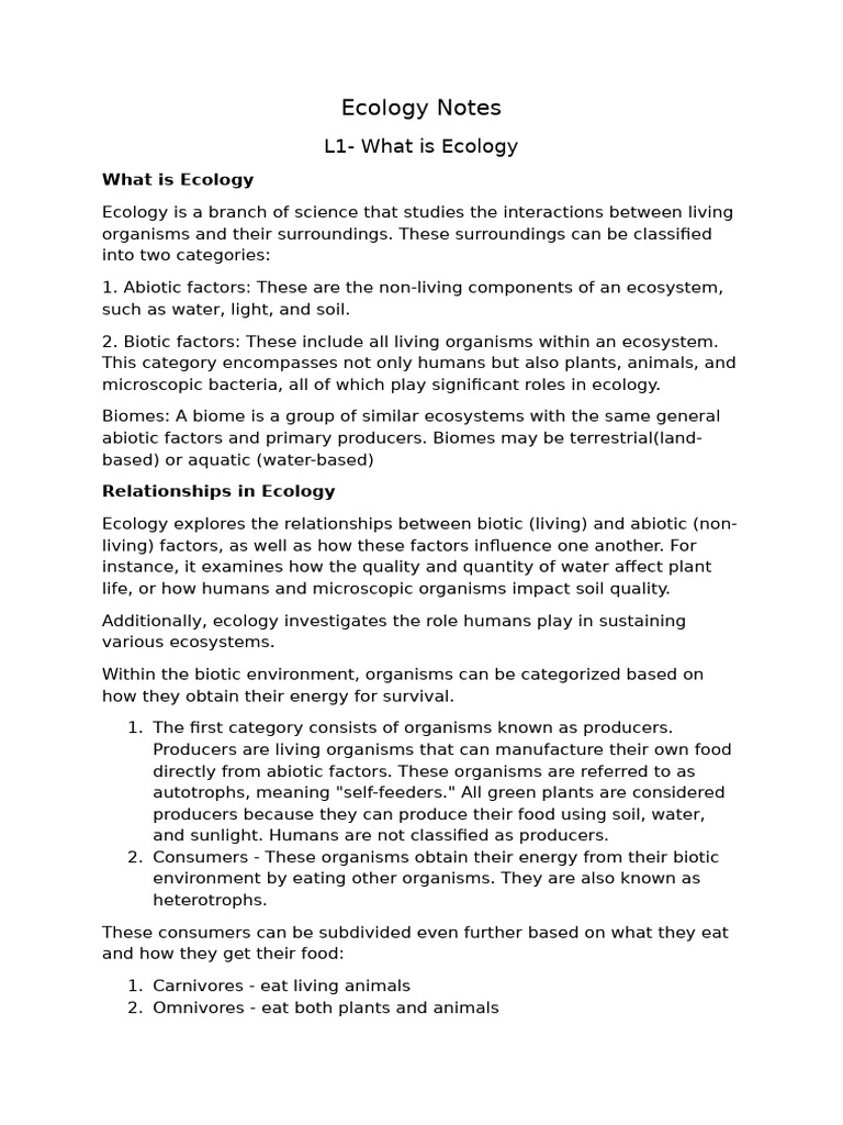 Grade 9 Ecology Overview Notes | PDF